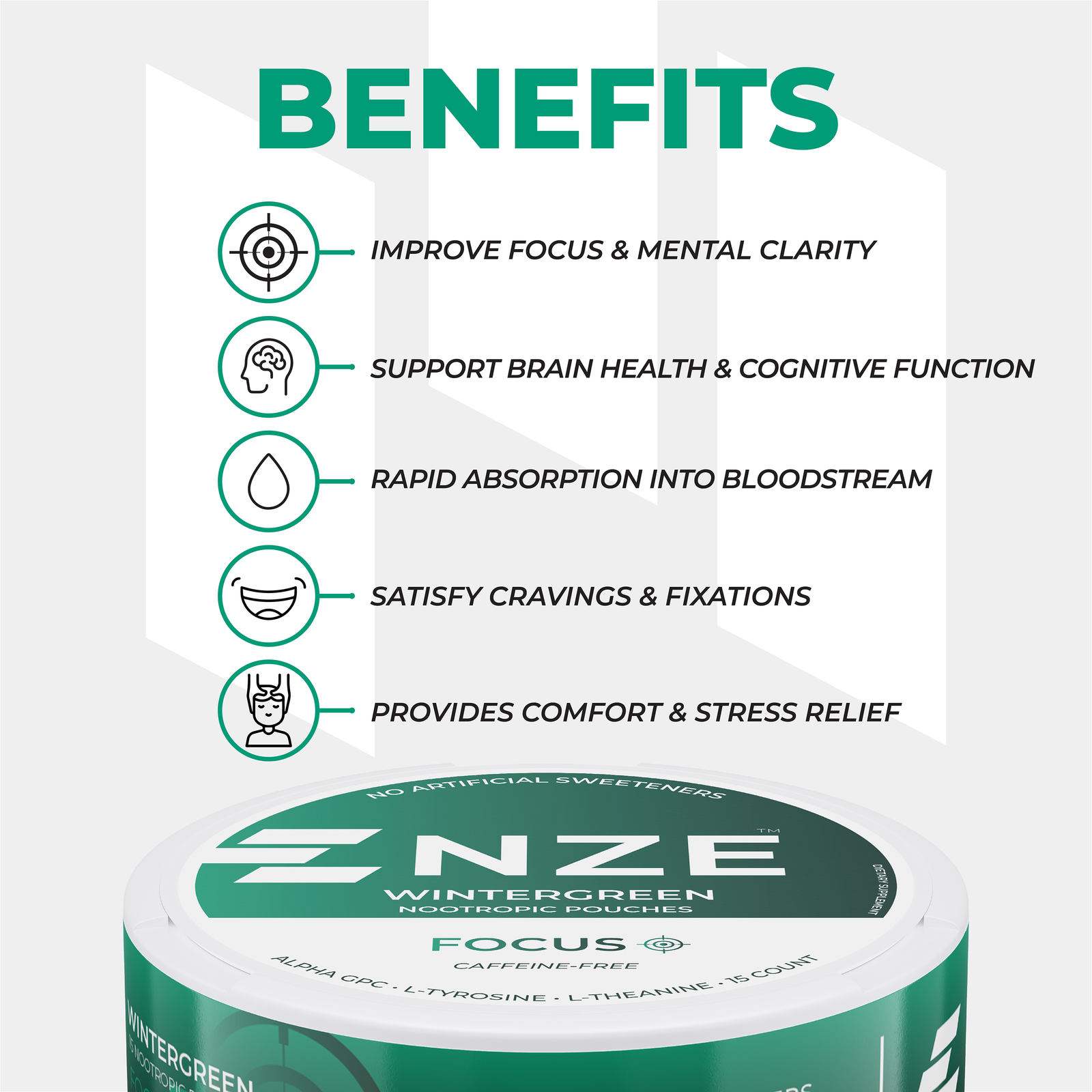NZE Wintergreen Focus Nootropic Pouches (Caffeine Free) - 5 Pack · NZE